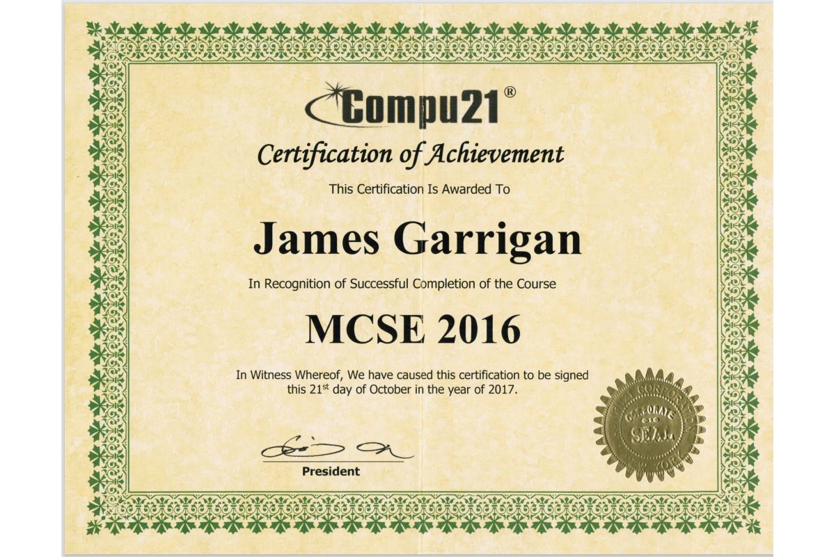 MCSE Windows Server 2016 Certificate of Achievement